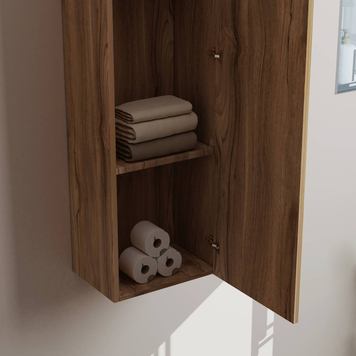 Walnut Wall Mounted Tall Bathroom Storage Unit with Soft Closing Door ...